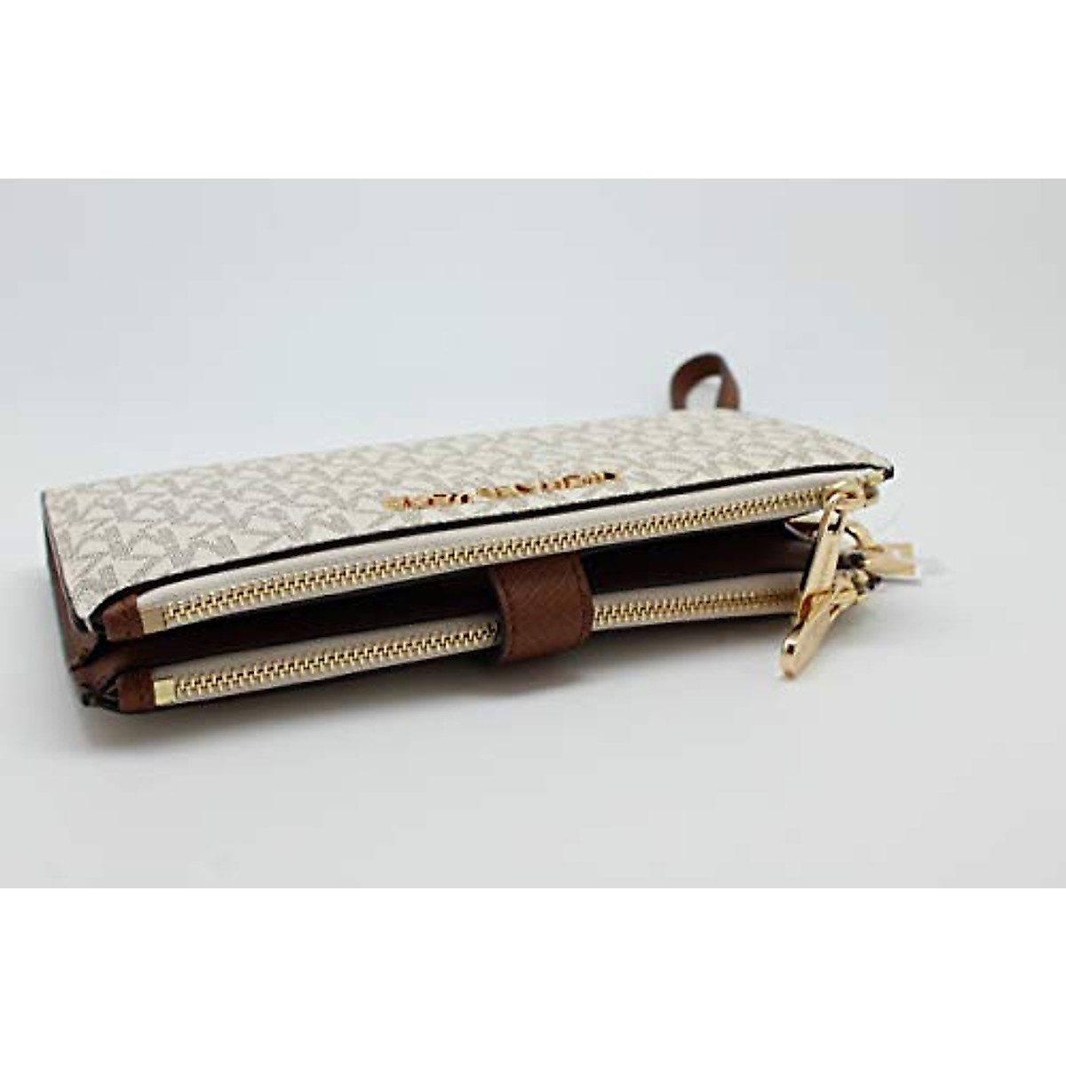Michael Kors Jet Set Travel Double Zip Wristlet - Signature PVC (Vanilla PVC/Dark Acorn)
