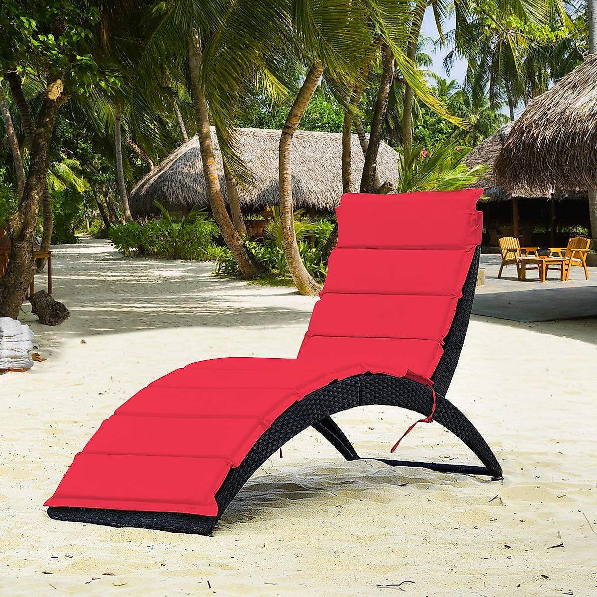 Tangkula Foldable Patio Lounge Chair, Outdoor Rattan Lounger Chaise, Portable Patio Chaise with Cushion, All-Weather Wicker Furniture for Garden Lawn Balcony Backyard Poolside (1, Red)