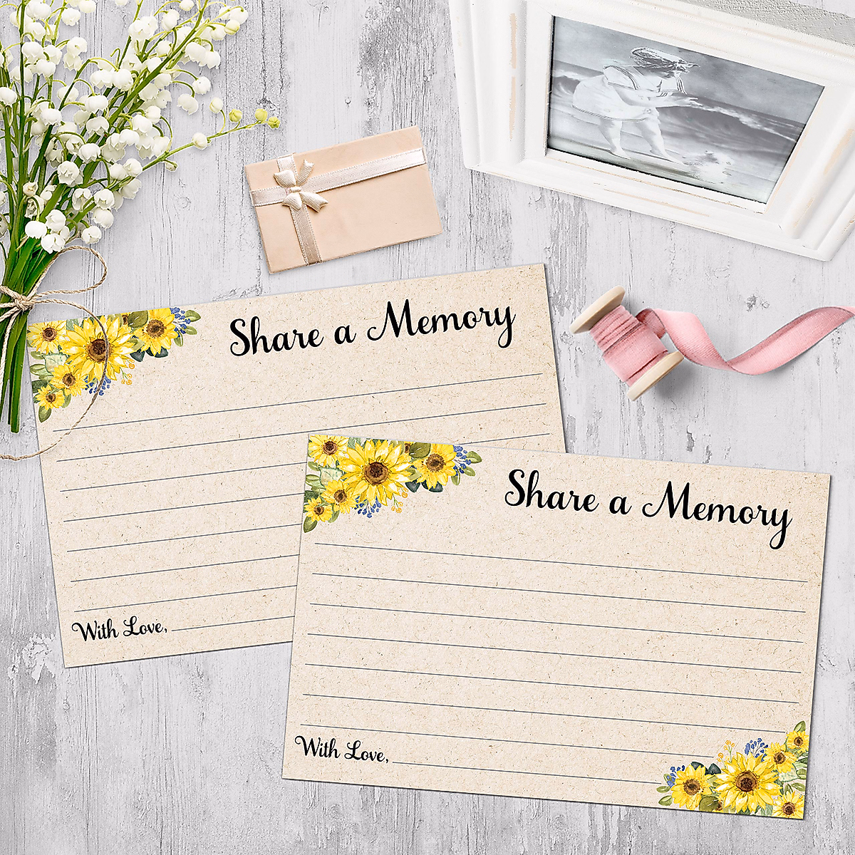321Done Share a Memory Card (50 Cards) Sunflower Large, 4x6 for Celebration of Life Birthday Anniversary Memorial Funeral Graduation Bridal Shower Game - Made in USA - Rustic Tan