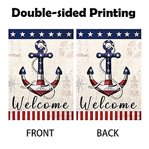 WODISON Patriotic 4th of July Memorial Day Garden Flag, American Anchor Vertical Double Sided Burlap Welcome Flag, Outdoor Decoration For Yard Home 12 x 18 Inch (ONLY FLAG)