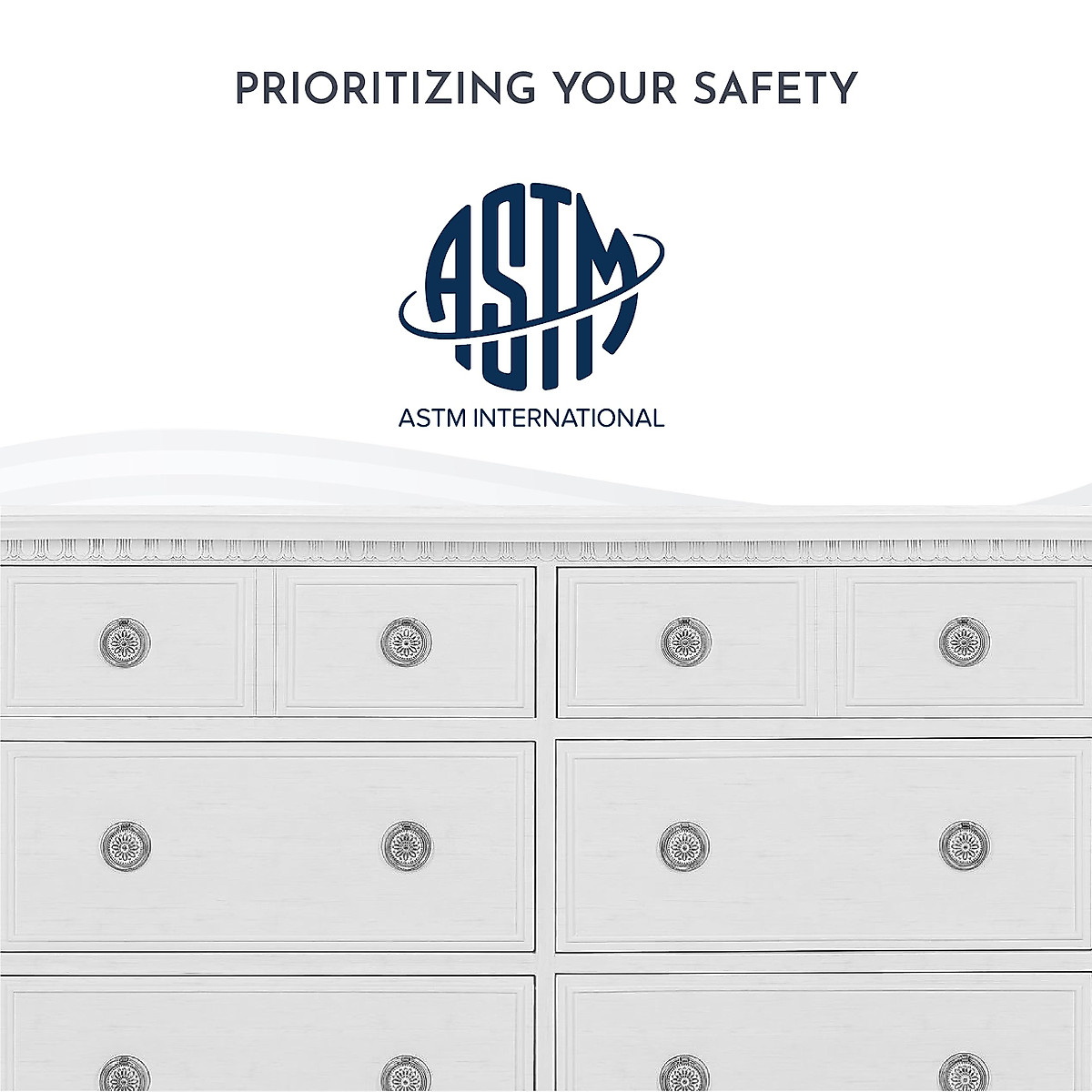 Evolur Julienne Double Dresser In Brush White, Comes With Six Spacious Drawers, Included Anti-Tip Kit, Dresser For Nursery, Bedroom, Wooden Nursery Furniture