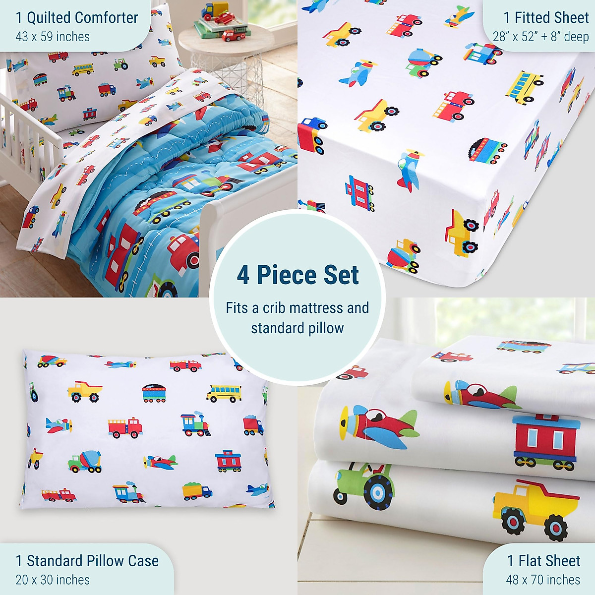 Wildkin Kids 4 Pc Toddler Bed In A Bag for Boys and Girls, Microfiber Bedding Set Includes Comforter, Flat Sheet, Fitted Sheet, and One Pillow Case (Trains, Planes and Trucks)