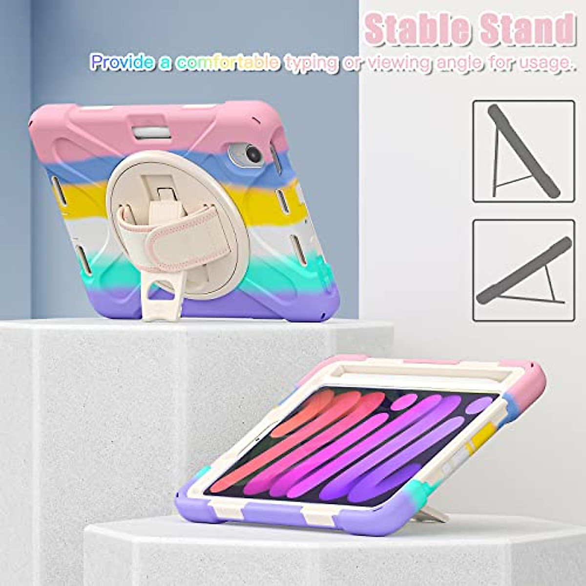 SIBEITU iPad Mini 6 Case 8.3 inch 2021 for Kids Girls with Pencil Holder, Heavy Duty Kids Proof W/Stand Hand&Shoulder Strap for Drawing Rainbow Pink