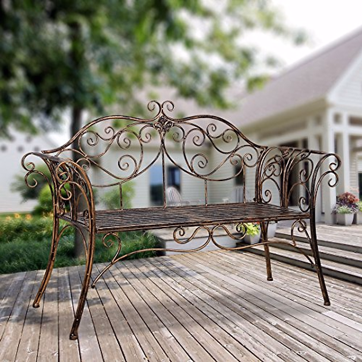 Cr Outdoor Patio Chair Garden Park Bench Metal Antique Garden Bench with Decorative Cast Iron Backrest