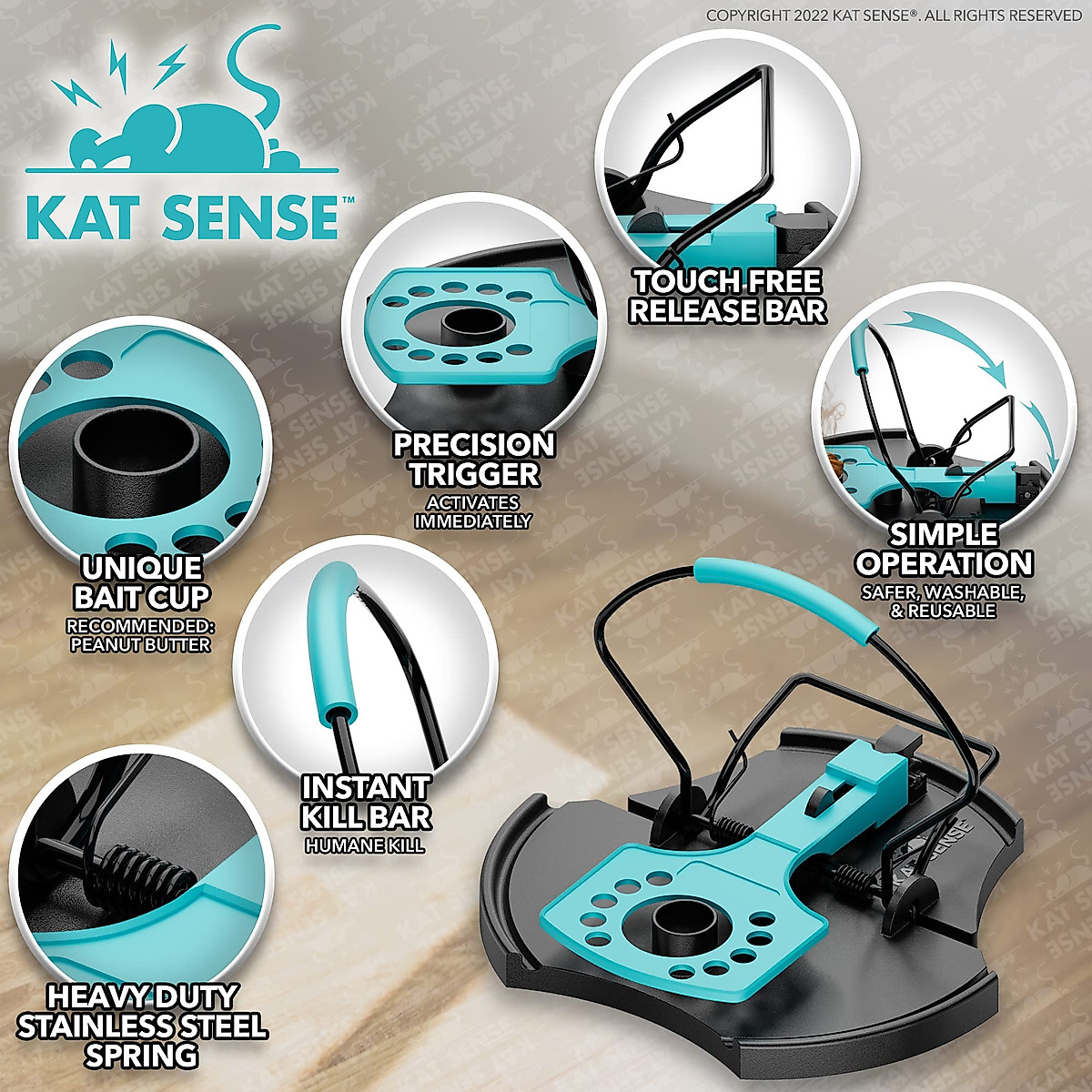 Kat Sense Large Rat Traps That Work, Instant Humane Kill Snap Trap for House, New Wide Strike Bar Captures 3x More Rodents Chipmunks Mice & Squirrels, Set of 4 Indoor Outdoor Mouse Traps Trampas Ratas