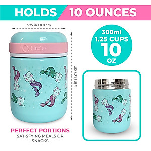 Kids Thermo for Hot Food Soup Lunch, Insulated Stainless Steel Wide Mouth Jar, Container for Toddler Girls Day-care Pre-School, Leakproof Easy Grip Thermal Vacuum Seal 10 oz 300 ML, Mermaid Cat Aqua