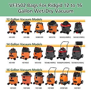 12 Pack 23743 VF3502 Vacuum Bags Compatible with Ridgid 12 to 16 Gallon Wet Dry Vacuums, High Efficiency Replacement Filter Bags for Model WD1950 WD1956 WD1850 WD1851 RV2400HF WD1450 WD1680 WD1270
