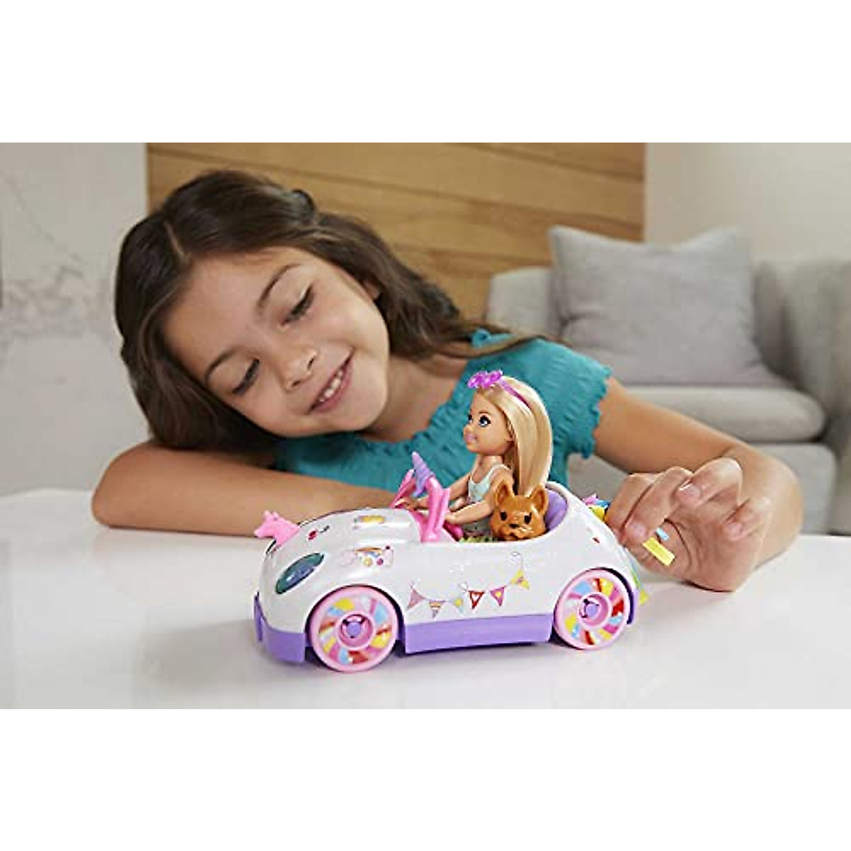Barbie Chelsea Doll & Unicorn Toy Car, Blonde Small Doll in Removable Skirt, Pet Puppy, Sticker Sheet & Accessories