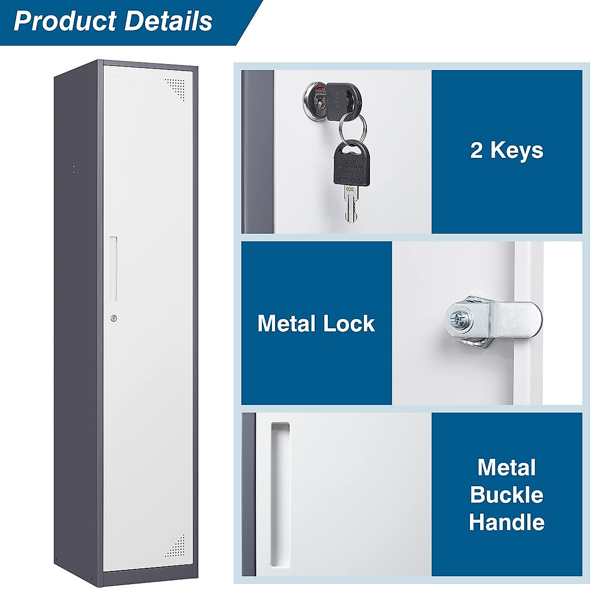 PEUKC Metal Storage Locker, 71" Tall Locker Storage Cabinet for Employees, Steel Storage Cabinet Locker with Lock and Keys for School, Gym, Home, Office Staff(1 Door-Grey)