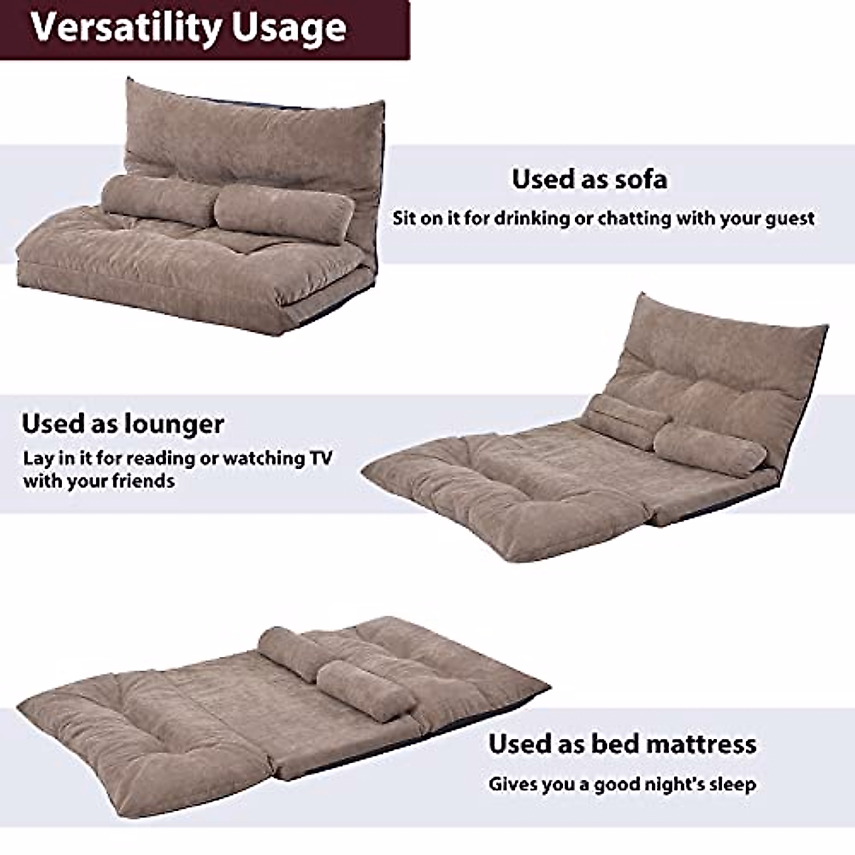 Harper & Bright Designs Adjustable Floor Sofa Couch with 2 Pillows, Foldable Lazy Sofa Sleeper Bed for Reading Gaming Sleeping(Light Brown)