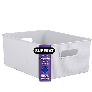 Superio Ribbed Collection - Decorative Plastic Open Home Storage Bins Organizer Baskets, Large White Smoke (1 Pack) Container Boxes for Organizing Closet Shelves Drawer Shelf 15 Liter/16 Quart