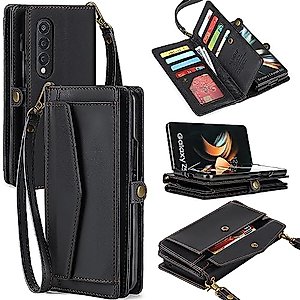 DKDKSIP for Samsung Galaxy Z Fold 3 Wallet Case for Women, RFID Blocking Card Holder, PU Leather Flip Phone Case with Crossbody Strap Wristlet Kickstand for Galaxy Z Fold 3, Black