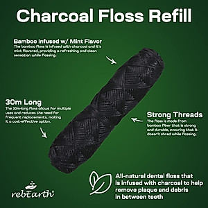 rebEarth Deep Clean Charcoal Black Floss Refill - Oral Care Dental Flossers Threaders Roll with Mint Flavored, 30m Bamboo Earth Silk Smooth & Shred Resistant Zero Waste Plastic Free (Pack of 4)