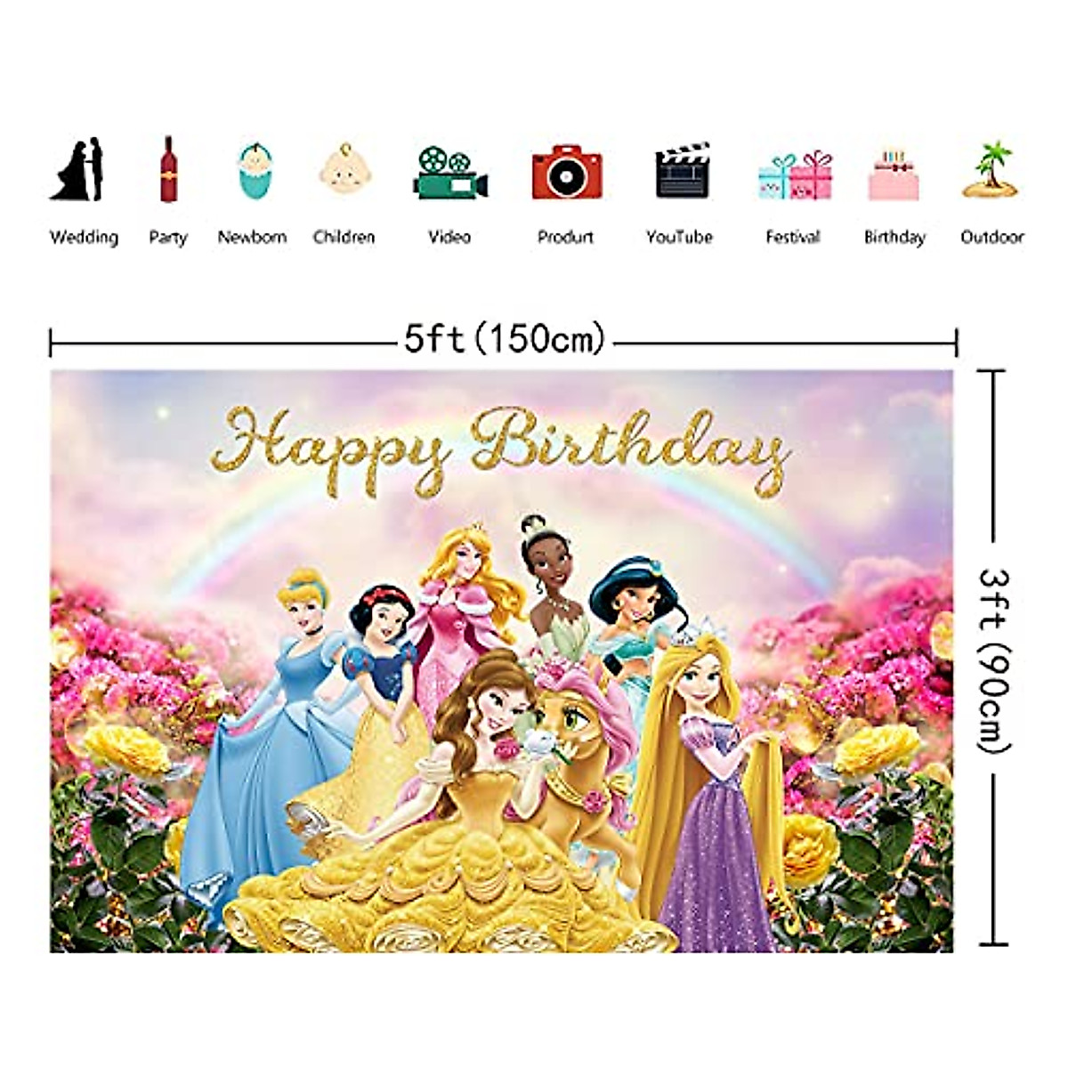 GCH Princess Themed Backdrop Colorful Princess for Girl Photography Background Baby Shower Princess Birthday Background (5X3FT)