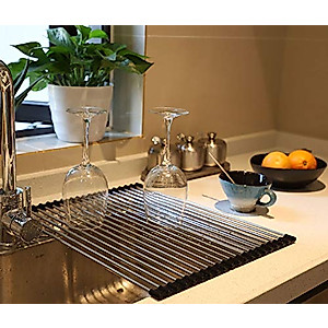 Ahyuan Roll up Dish Drying Rack Over The Sink Kitchen Roll up Sink Drying Rack Portable Dish Drainer Foldable Dish Drying Rack (Black, 17.8''X14'')