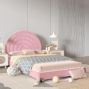 AFBKSS&BB Kids Twin Bed Frame, Teenager Bed, Rainbow Children's Bed with Adjustable Height Bed Head, Children's Home Sleeping Bed, Toddler Upholstered Twin Bed (Pink)