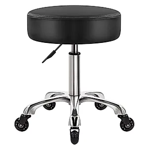 WKWKER Heavy Duty Rolling Stool with Wheels Hydraulic Swivel Adjustable Rolling Stool Ergonomic Thick Leather Seat Stool Chair for Kitchen Drafting Lab Office Salon Message Stool – Black