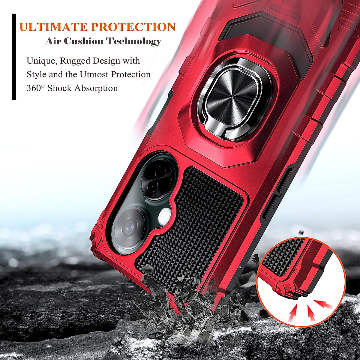 NZND Case for OnePlus Nord N30 5G / CE 3 Lite with Tempered Glass Screen Protector (Maximum Coverage), Full-Body Protective [Military-Grade], Magnetic Car Ring Holder Cover (Red), NZNDN305GLM