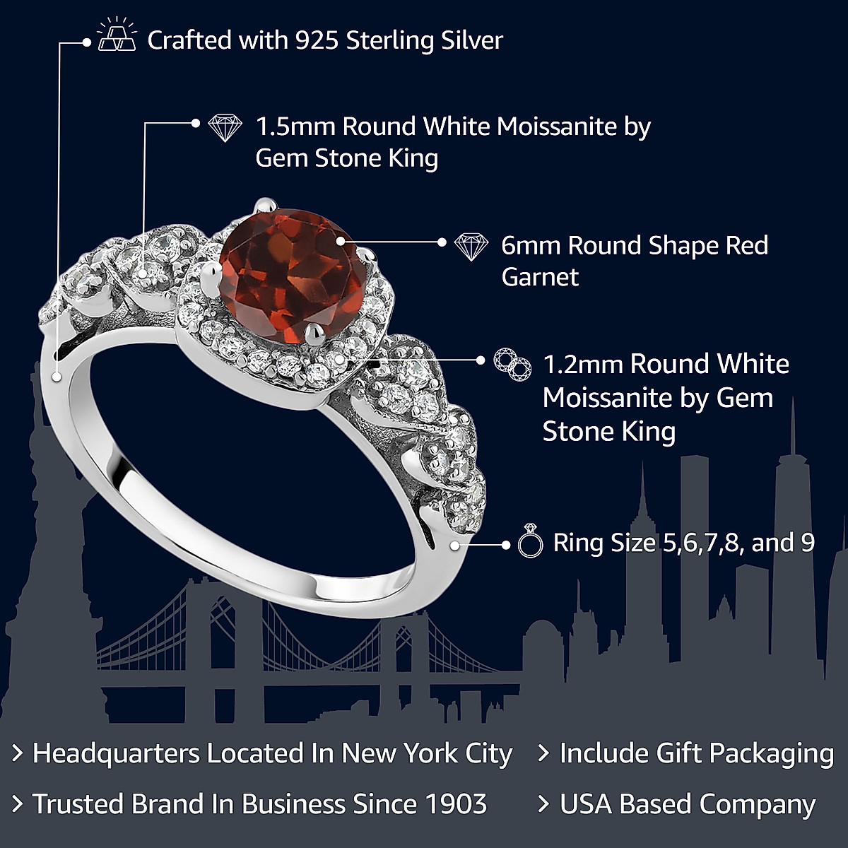 Gem Stone King 925 Sterling Silver Red Garnet Engagement Ring For Women (1.32 Cttw, Gemstone Birthstone, Round Cut 6MM, Gemstone Birthstone, Available In Size 5, 6, 7, 8, 9)