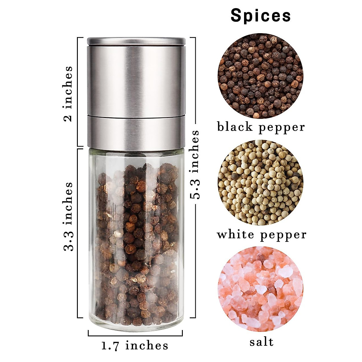 Gulex® Salt Grinder Pepper Grinder Pepper Mill, Salt Grinder Refillable, Adjustable Coarseness Black Pepper Grinder, Stainless Steel Sea Salt Shaker with Ceramic Rotor (1 pcs)
