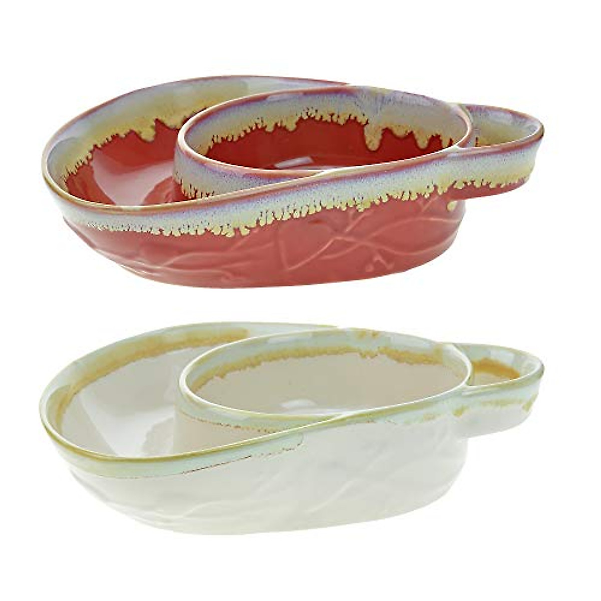 Stoneware Soup & Side, Chips & Dip Bowl Set of 2 by Roe & Moe (Cream and Red)