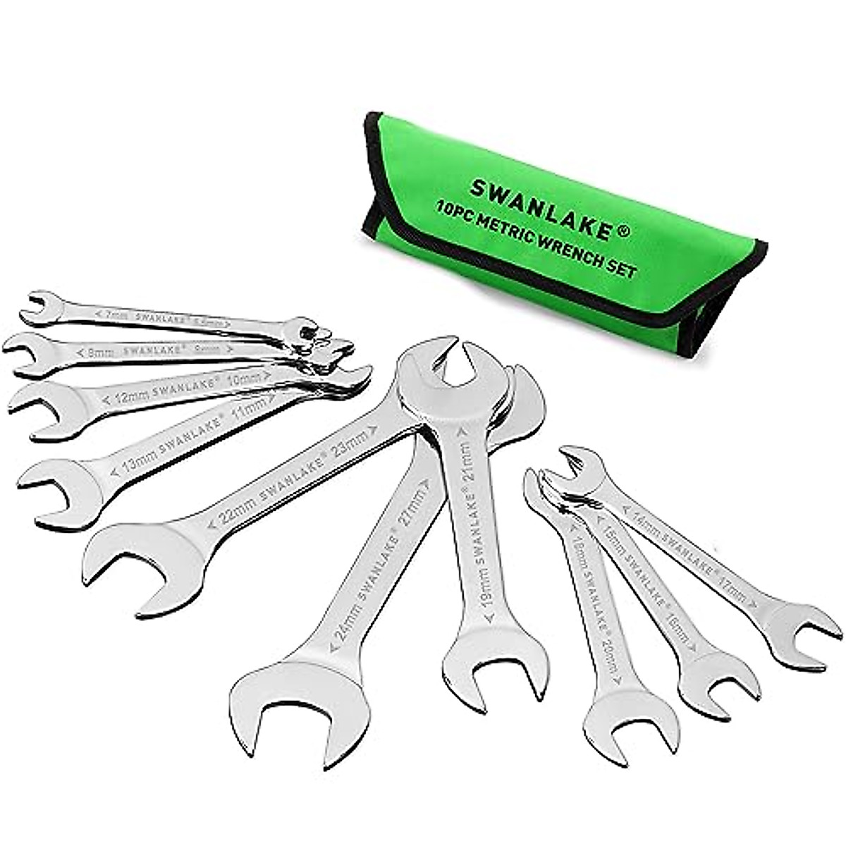 SWANLAKE 10Pcs Super-Thin Open End Wrench Set, CR-V Steel, Metric Size 5.5, 7, 8, 9, 10, 11, 12, 13, 14, 15, 16, 17, 18, 19, 20, 21, 22, 23, 24, 27mm Slim Spanner Wrench Set with Pouch(10pcs METRIC)
