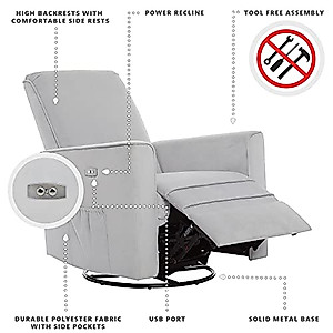 Evolur Harlow Deluxe Upholstered Plush Seating Glider Swivel, Rocker, Power Recliner with USB Port, Greenguard Gold Certified, Chair for Nursery in Misty Grey, Modern