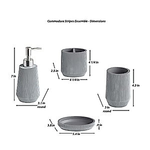 Roselli Trading Company 4pc - Commodore Stripes Bathroom Accessory Set - Toothbrush Holder, Tumbler, Soap Dish, and Lotion Pump Ba Gray, White