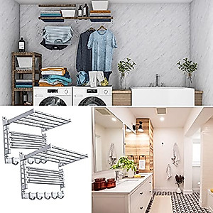 Yaegoo Clothes Drying Rack, Foldable Wall Mounted Laundry Drying Rack, Drying Rack Swivel Towel Rack with Hooks and Swing Arms, Space Saver Clothes Rack in Laundry Room and Bathroom