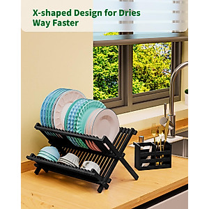 VOPOG Dish Drying Rack, 2 Tier Bamboo Dish Drying Rack with Utensil Holder, Collapsible Dish Rack Foldable Plate Organizer Holder Dish Drainer Set for Kitchen Countertop-Black