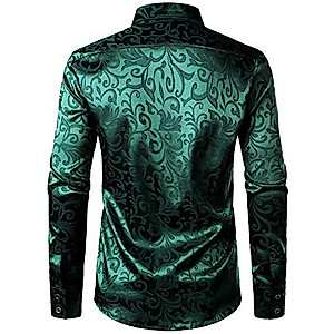 ZEROYAA Men's Luxury Jacquard Long Sleeve Dress Shirt Shiny Satin Slik Like Wedding Party Prom Shirts ZLCL27-Emerald Large