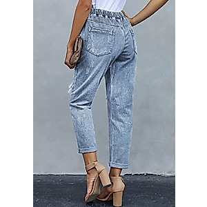 Metietila Women’s Casual Pull-on Distressed Stretch Jeans Elastic Waist Jean Light Indigo Denim Joggers Pants for Women XX-Large