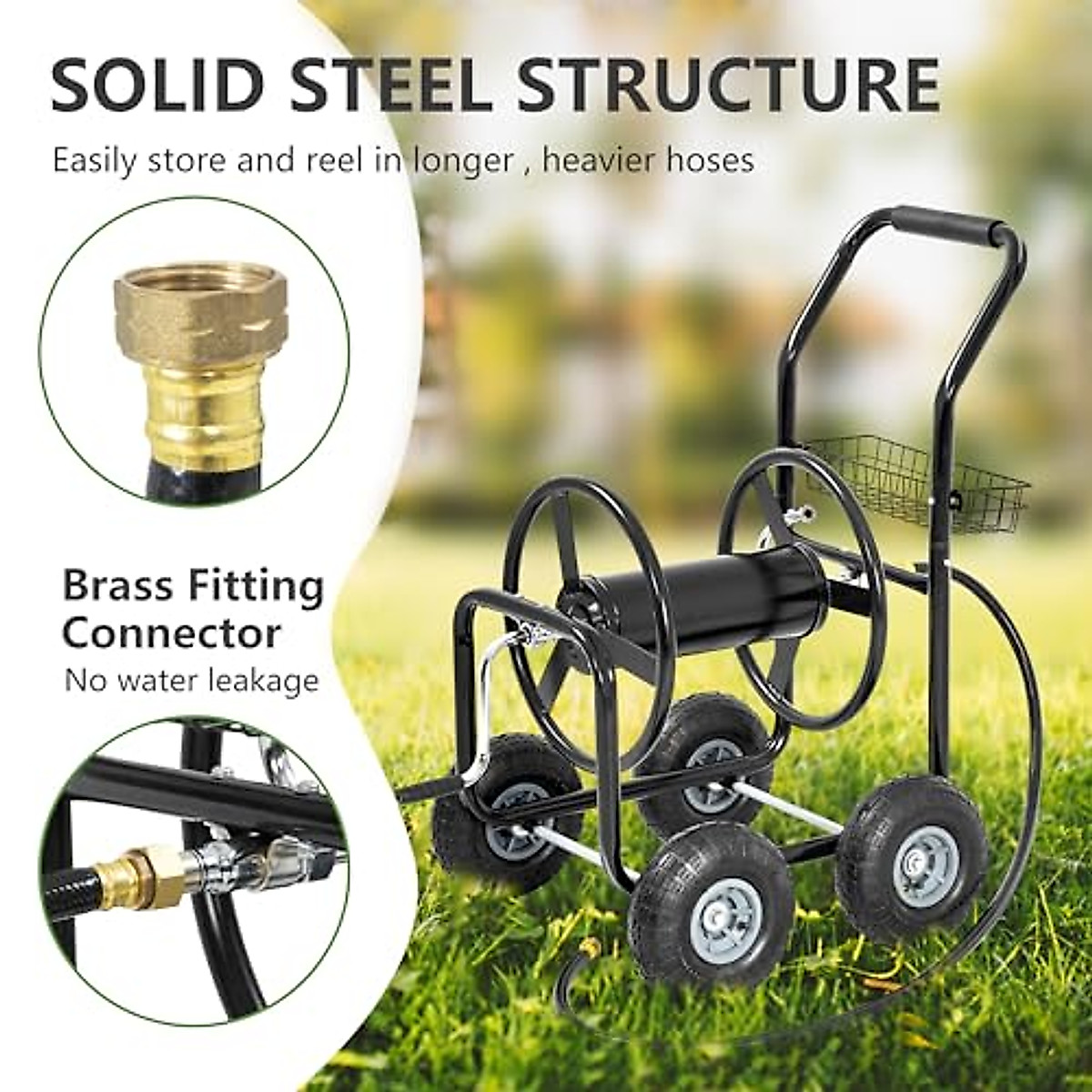 Hose Reel Hold Up To 300 Ft Heavy Duty Garden Hose Reel Sturdy Water Hose Reel Cart with 4 Wheels Storage Basket for Garden Lawn Yard Outdoor (Black)