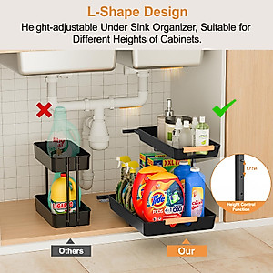 LIUMAYAS 2 Pack Under Sink Organizer Pull 0ut, 3 Height Adjustable Under Kitchen Sink 0rganizer and Storage Black, 2 Tier Double Sliding Drawer Cabinet Organizer for Kitchen Bathroom Pantry