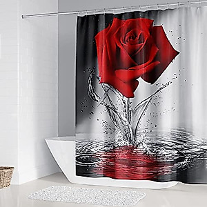 Romantic Red Rose Bathroom Sets with Rugs and Accessories Red Rose Bath Mat,Toilet Lid Cover,U-Shaped Mat 4pcs,Waterproof Fabric Bathroom Shower Curtain Sets for Decor