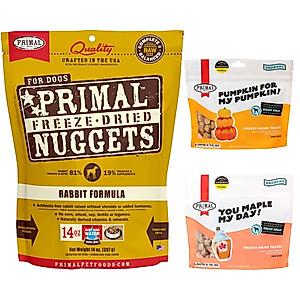Primal Freeze Dried Dog Bundle, Rabbit Food Nuggets 14oz, Chicken & Pumpkin Treats 2oz, Pork & Maple Treats 2oz, Grain Free, High Protein, High Protein with Probiotics