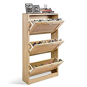 HOPUBUY Shoe Cabinet for Entryway, Narrow Shoe Storage Cabinet, Hidden Rattan Shoe Cabinet Wood 3 Tier Slim Shoe Rack for Home and Apartment, Nature