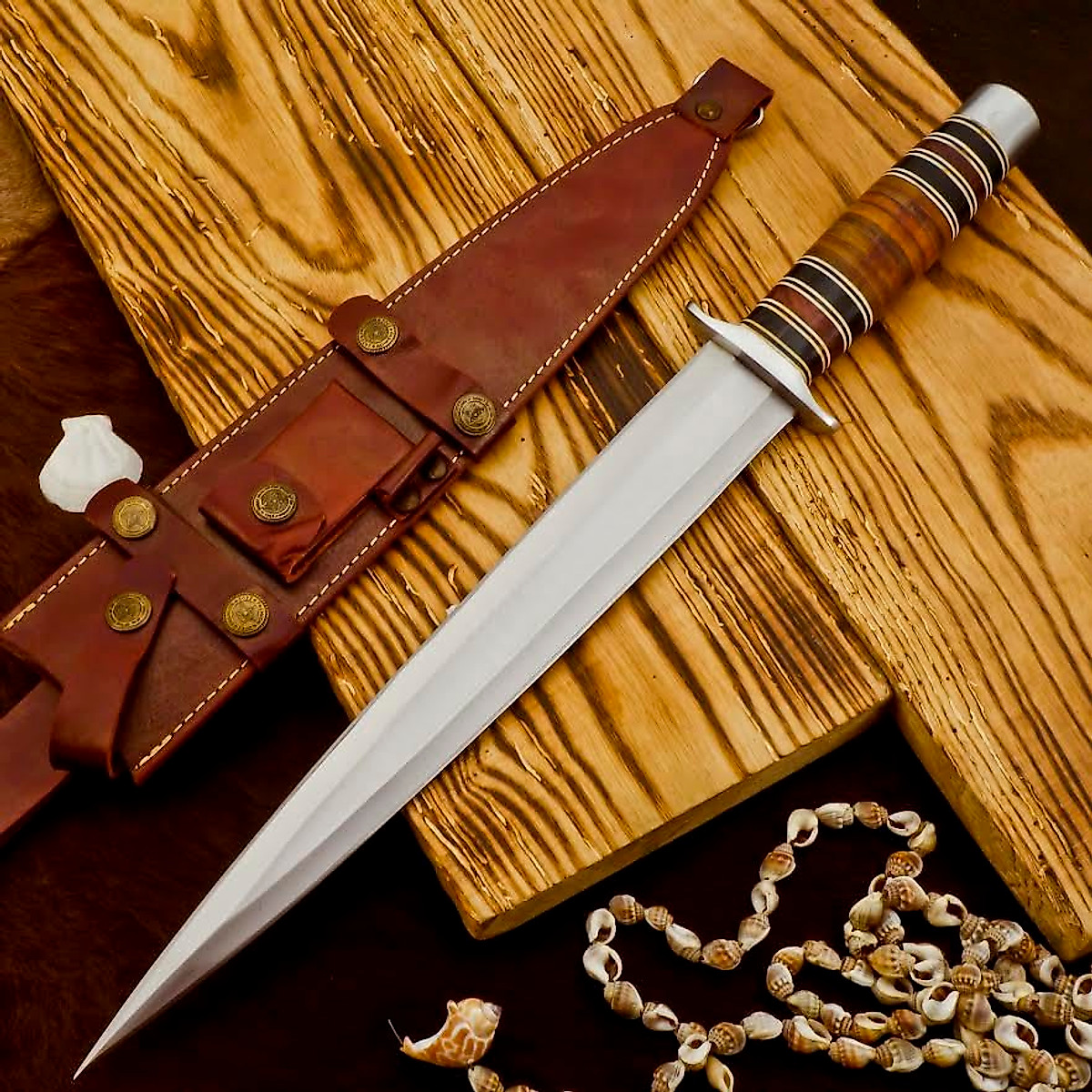 Custom Handmade Damascus Steel 17 Inches Outdoor Survival Fixed Blade Knife, Double Edged Serrated Dagger Leather Wood Handle, Leather Sheath Included