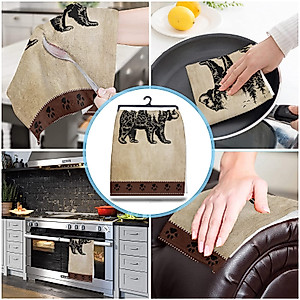 Edwiinsa Kitchen Dish Towels and Dishcloths Sets, Bear Pine Trees Silhouettes 18 X 28 Inches Absorbent Hand Towels Dish Rags with Hanging Loop for Home Cleaning Retro Paper