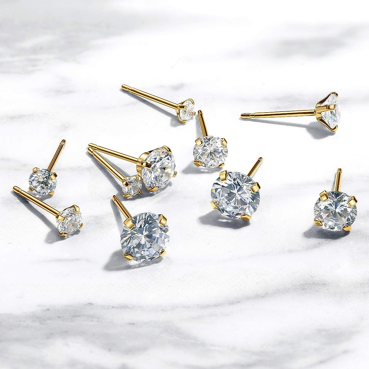 Kainier 5 Pairs 14K Gold Plated Stud Earrings Set Simulated Diamond Earrings Cubic Zirconia (CZ) Ear Stud for Women Hypoallergenic 3-7mm