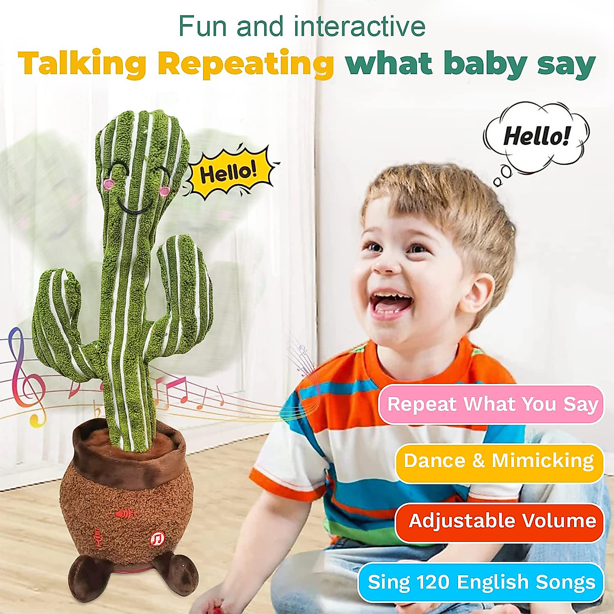 MIAODAM Dancing Cactus Baby Toy Volume Adjustable Talking Cactus Toy, Repeating What You Say Baby Toys, Dancing Cactus Mimicking Toy with 120 English Song and LED Lighting for Baby Toys 6 to 12 Months