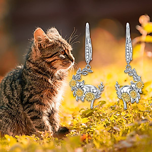 Lazy Sleeping Cat Moon Leverback Dangle Earrings with Sunflower S925 Sterling Silver Bohemian Lying Down Floral Cat Cute Kitten Dangling Drop Earrings Jewelry for Women Teen Girls