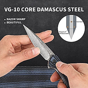 STANBIK EDC Damascus Pocket Knife With Sheath ,Black And Blue Handle with clip,3.46" Damascu Blade Folding Knife for Outdoor Survival Hunting Hiking Fishing Camping.