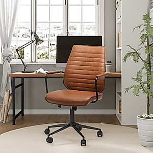 Brown Leather Office Chair, Ergonomic Mid-Back Executive Conference Task Chair, Ribbed Height Adjustable Swivel Rolling Chair for Home Office (Brown)
