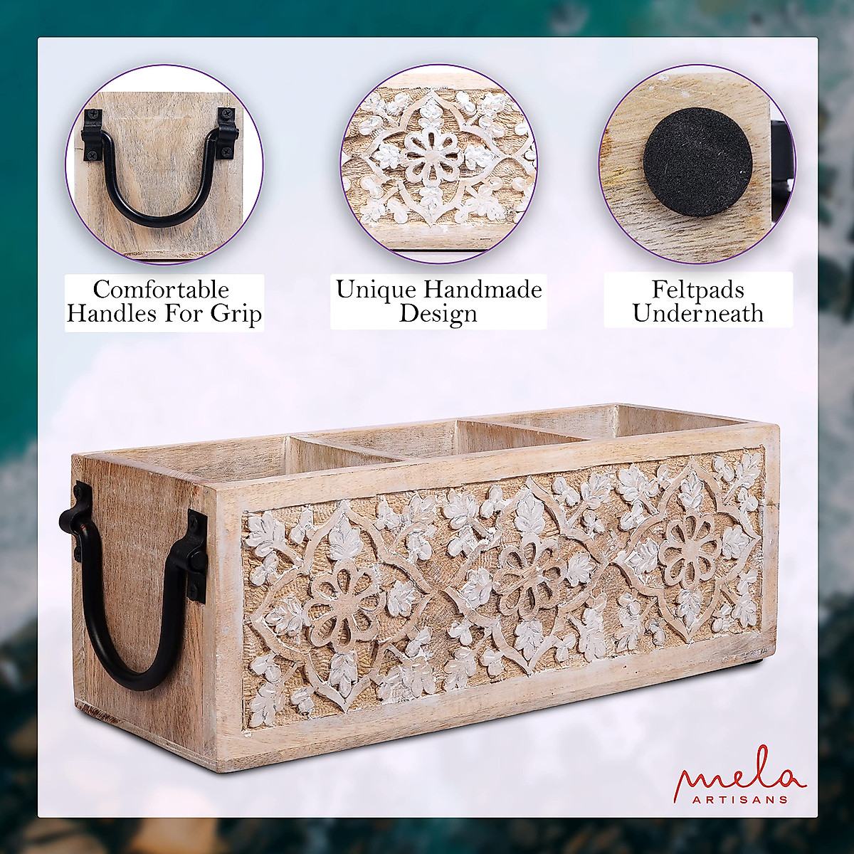 Mela Artisans Wood Utensil Holder for Kitchen | 3 Compartments - Whitewash & Black | Rustic Farmhouse Home Decor | Bathroom Organizer | Decorative Wooden Caddy | Desktop Organization | 13" Length