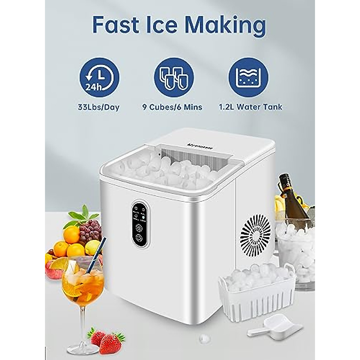 Myetasser Countertop Ice Maker, Portable Ice Maker Machine with Ice Scoop and Basket, 9 Bullet Ice Ready in 6 Mins, Make 33lbs ice in 24 hrs, Self-Cleaning, Ice Maker for Home/Kitchen/Office