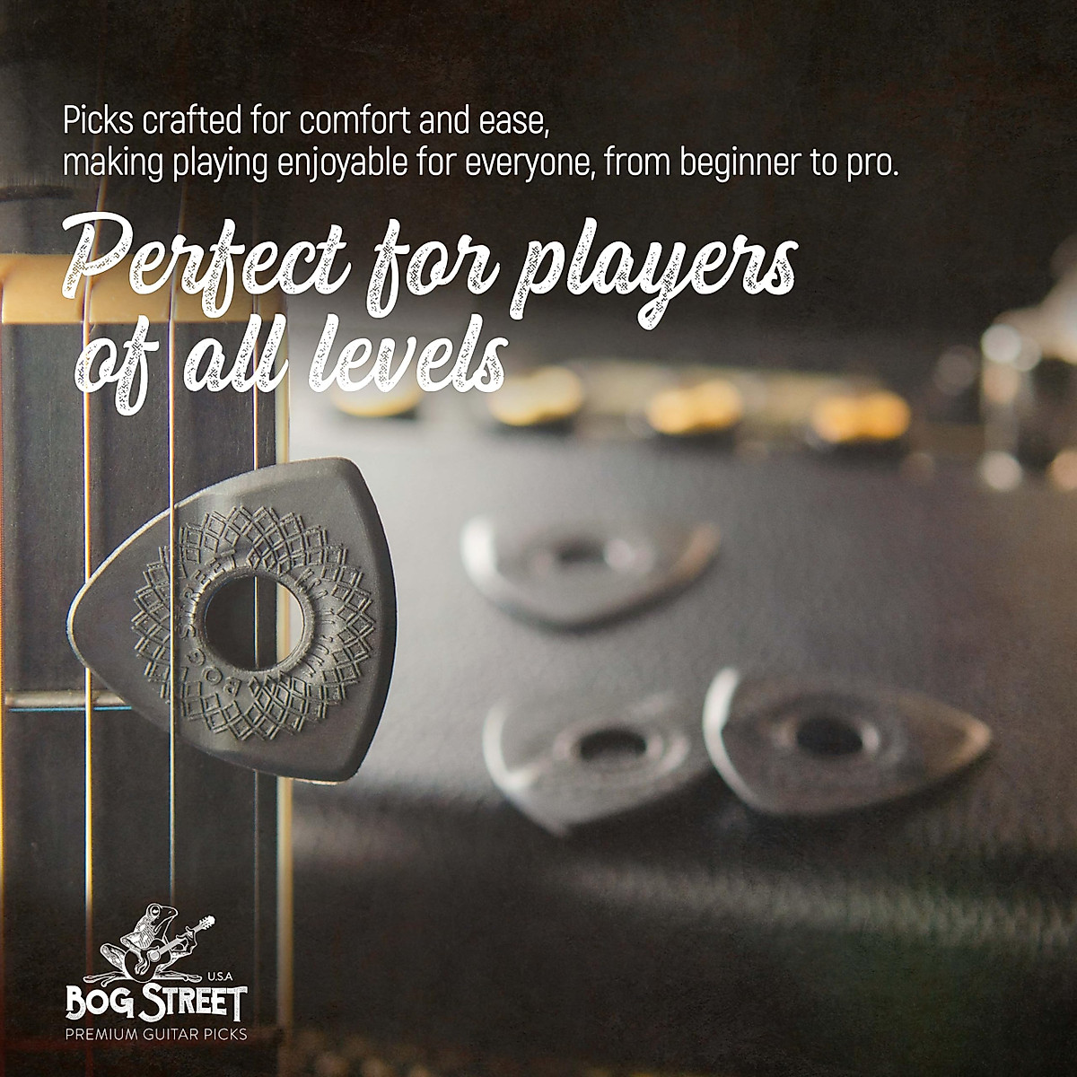 Bog Street Axe Cut Thin Guitar Pick Pack Of 6 - Made in USA Ergonomic Guitar Picks Thin, Non Slip Light Guitar Picks, Black Color