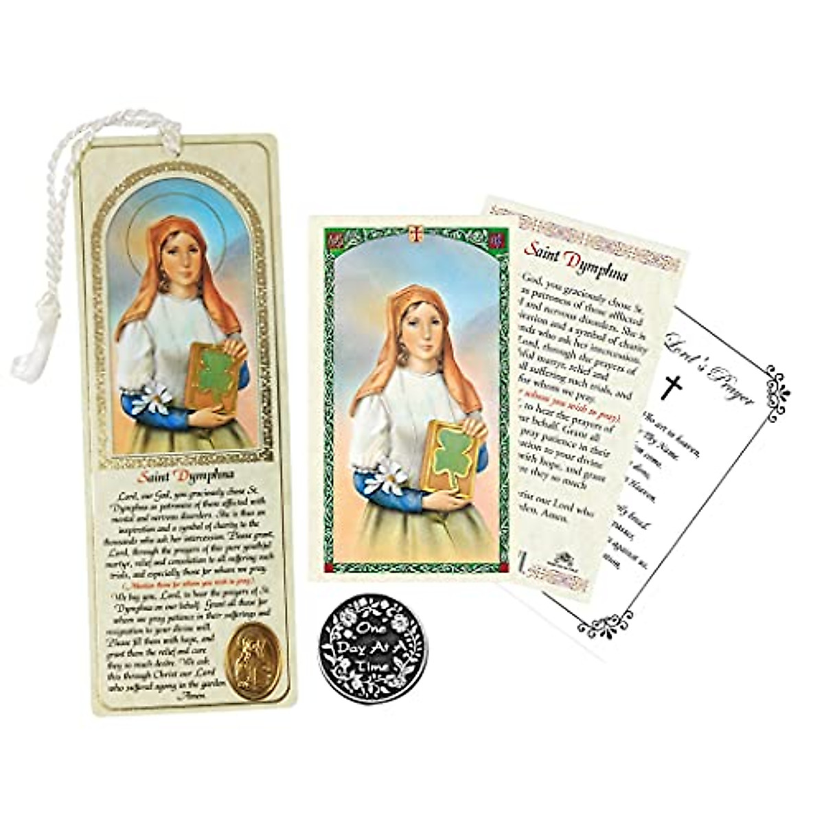 St Dymphna Prayer Card - with Book Mark, One Day at A Time Pocket Token Coin, The Lord's Prayer | Catholic Patron Saint of Anxiety, Emotional Disorders, Stress, Mental Problems | 4 Items in Set