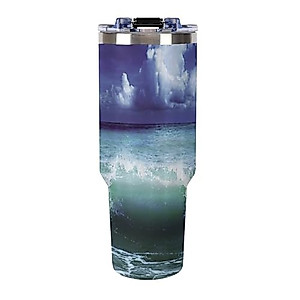 Ocean Wave 40oz Water Bottle Double Wall Insulated Tumbler with Handle Leakproof Travel Mug Black-style