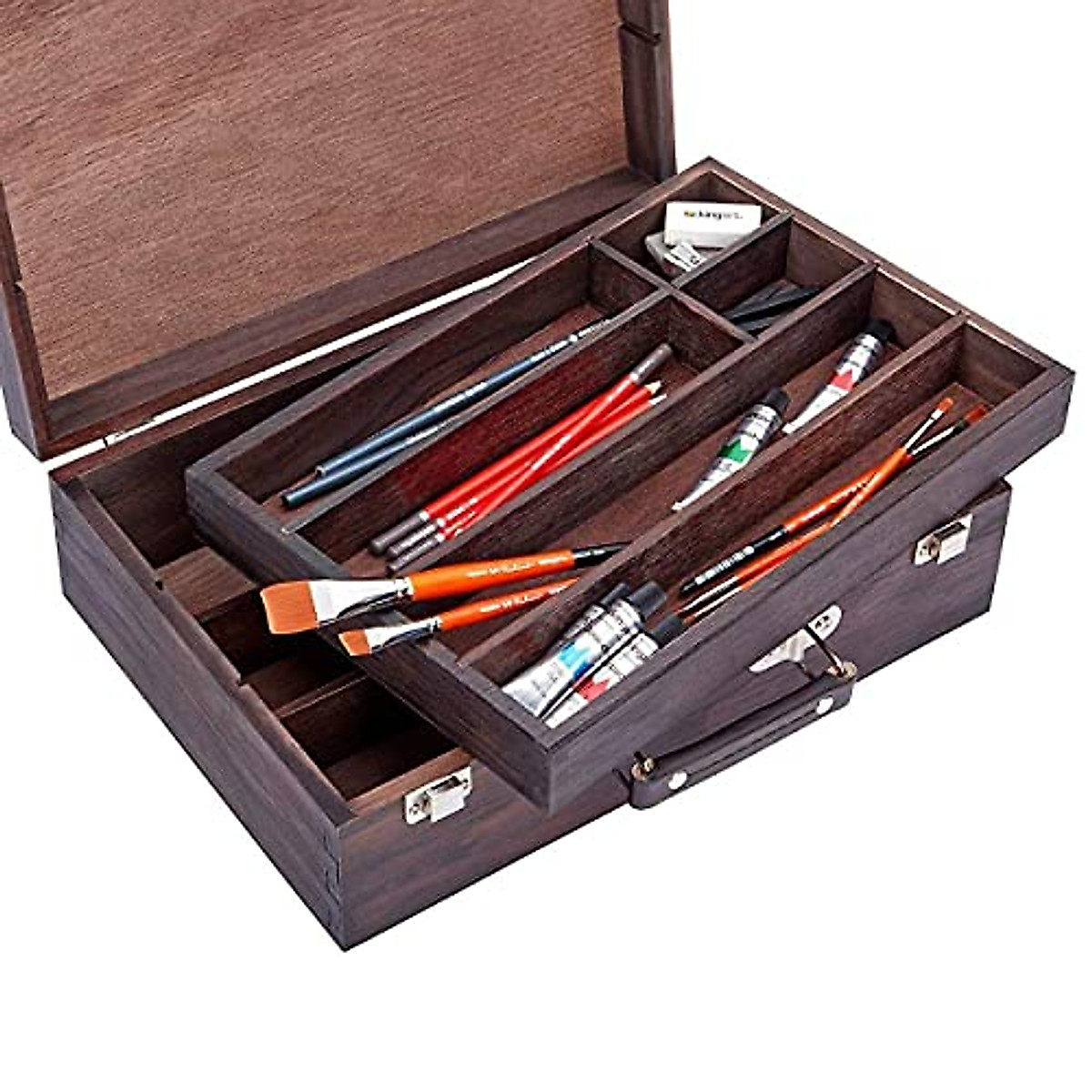 KINGART Studio Wood Art Storage Box, 2-Tier Case with 10 Dividers, Espresso Finish